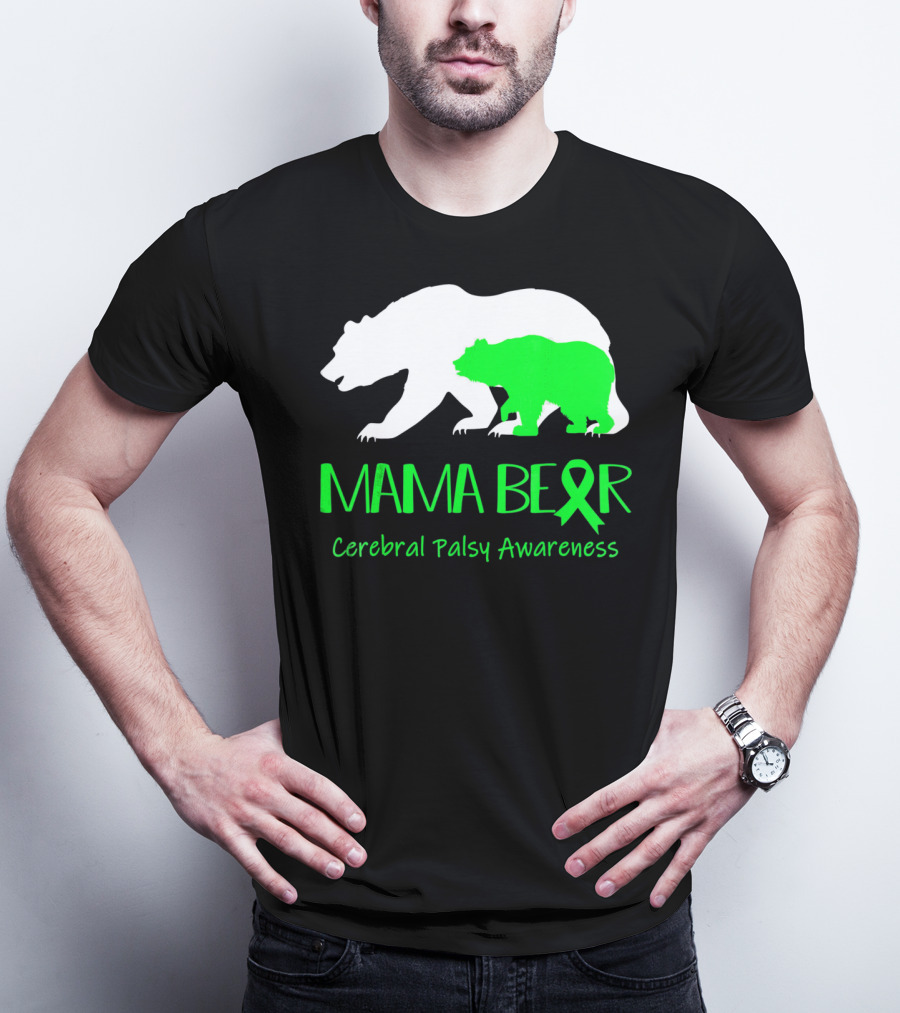 Mama Bear Cerebral Palsy Awareness Green Ribbon Bears T-Shirt