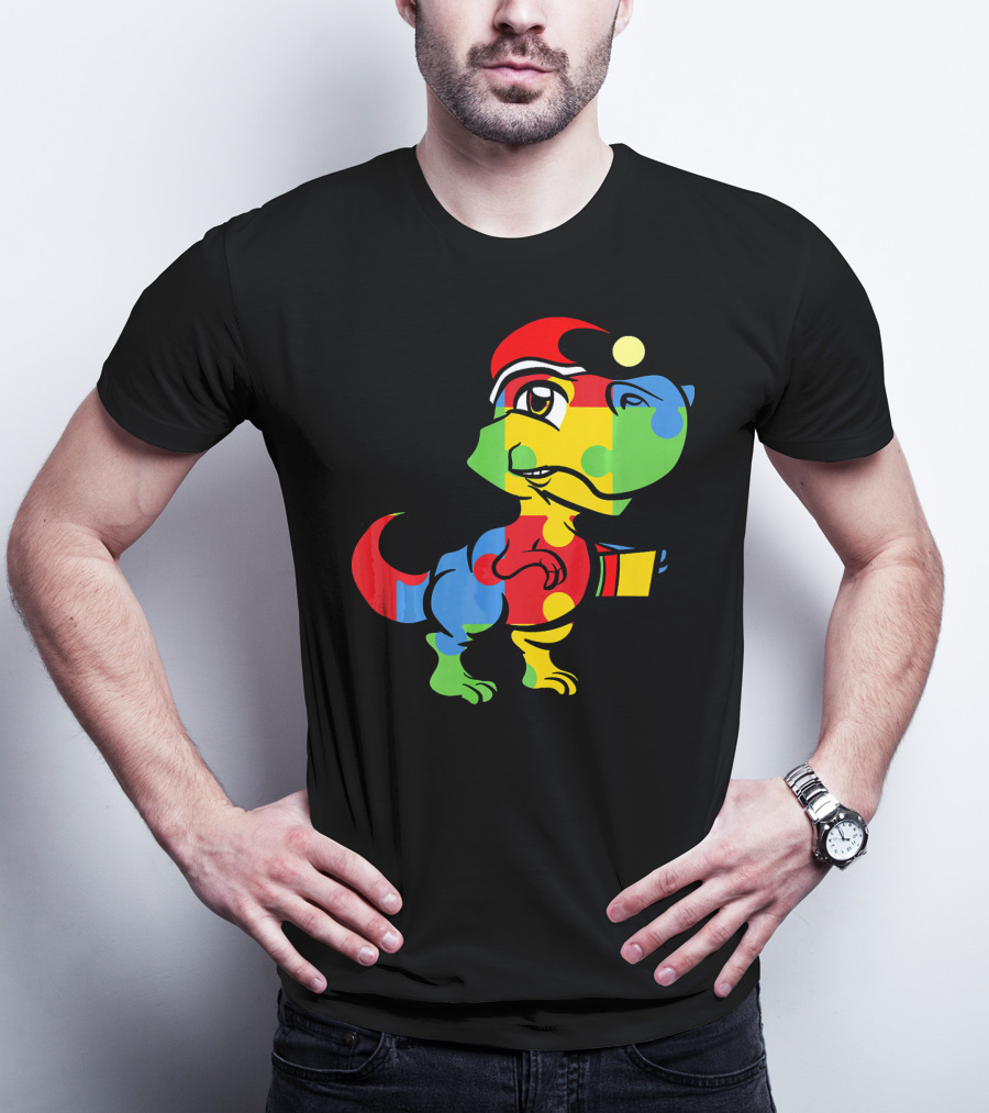 Funny Christmas Autism Awareness Santa Dinosaur Puzzle T-Shirt
