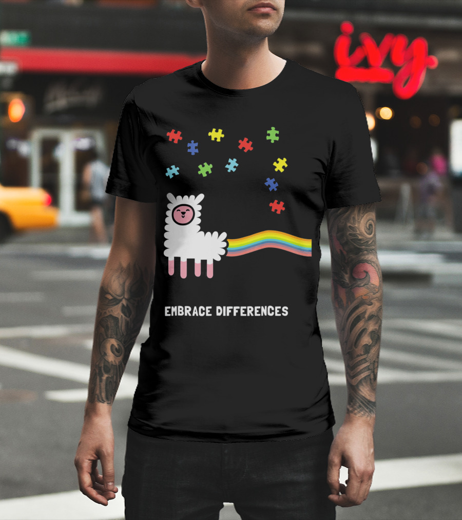 Embrace Differences Autism Awareness Llama Rainbow Puzzle Pieces T-Shirt