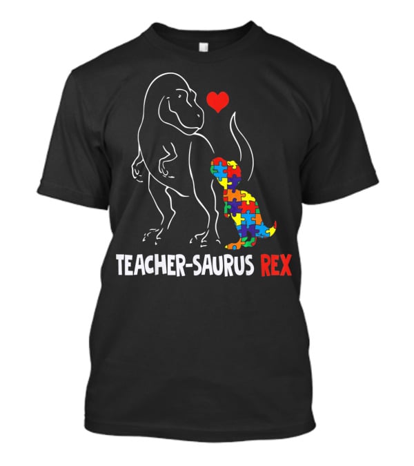 Teacher Saurus Rex Dinosaur With Heart And Colorful Puzzle T-Shirt