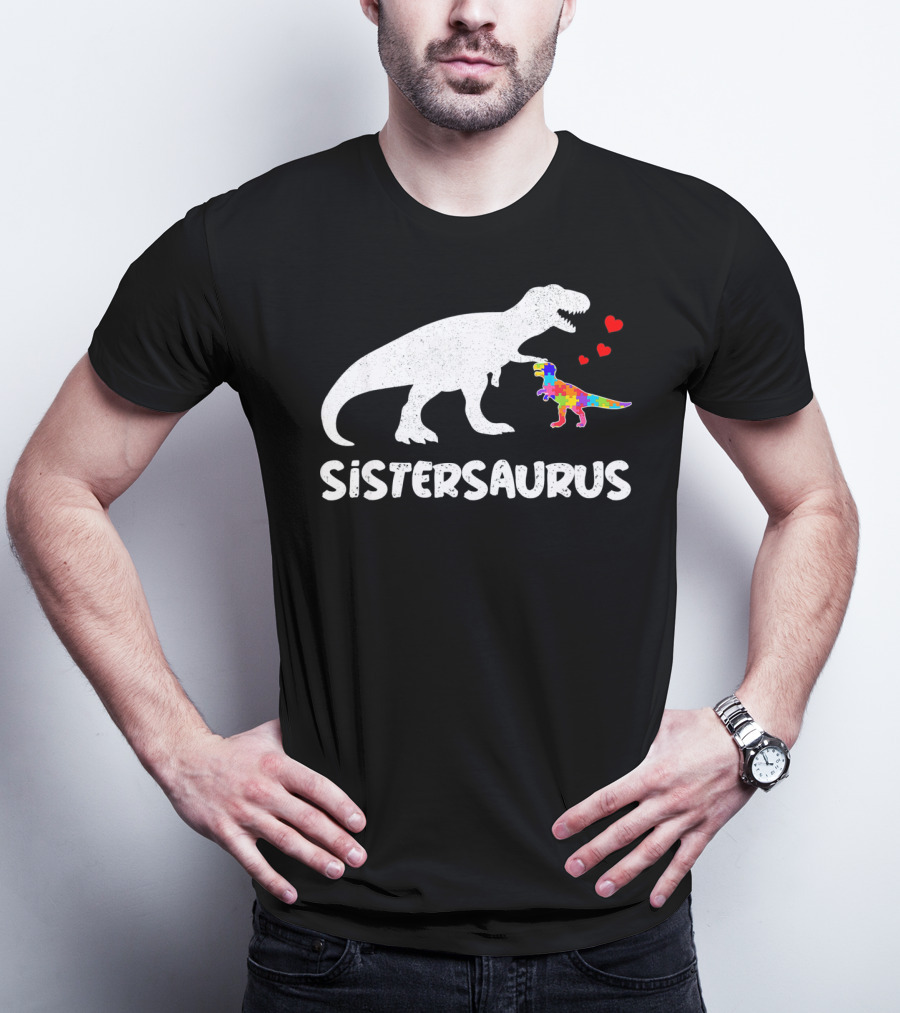 Sistersaurus Dinosaur Rainbow Puzzle Hearts T-Shirt