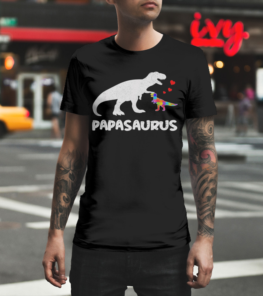 Papasaurus Dinosaur Puzzle Piece Autism Hearts T-Shirt