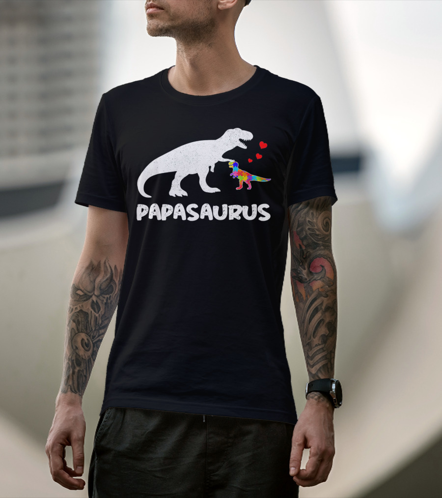 Papasaurus Dinosaur Puzzle Piece Autism Hearts T-Shirt
