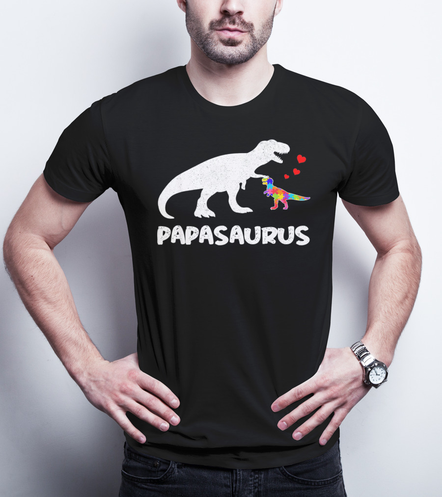 Papasaurus Dinosaur Puzzle Piece Autism Hearts T-Shirt