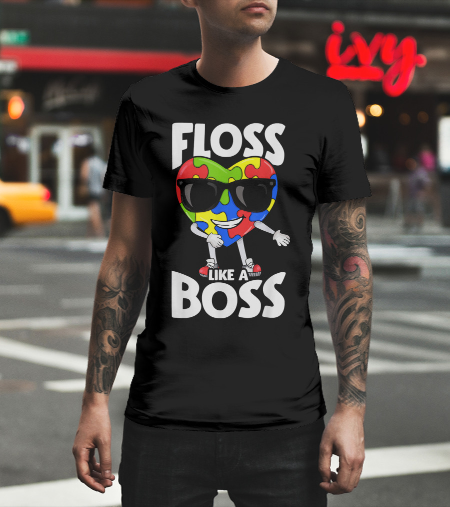 Floss Like A Boss Heart With Puzzle Autism T-Shirt