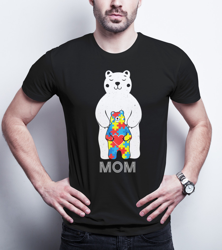 Mom Bear Holding Puzzle Heart Autism Awareness T-Shirt
