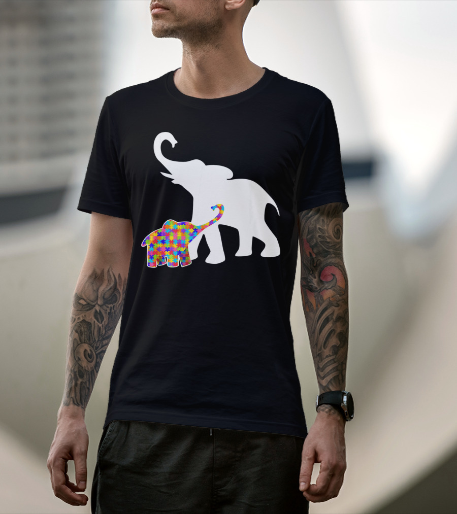 Elephant Autism Awareness Puzzle Pattern Support T-Shirt