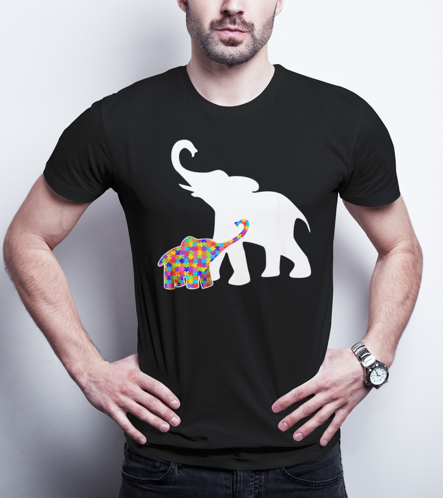 Elephant Autism Awareness Puzzle Pattern Support T-Shirt