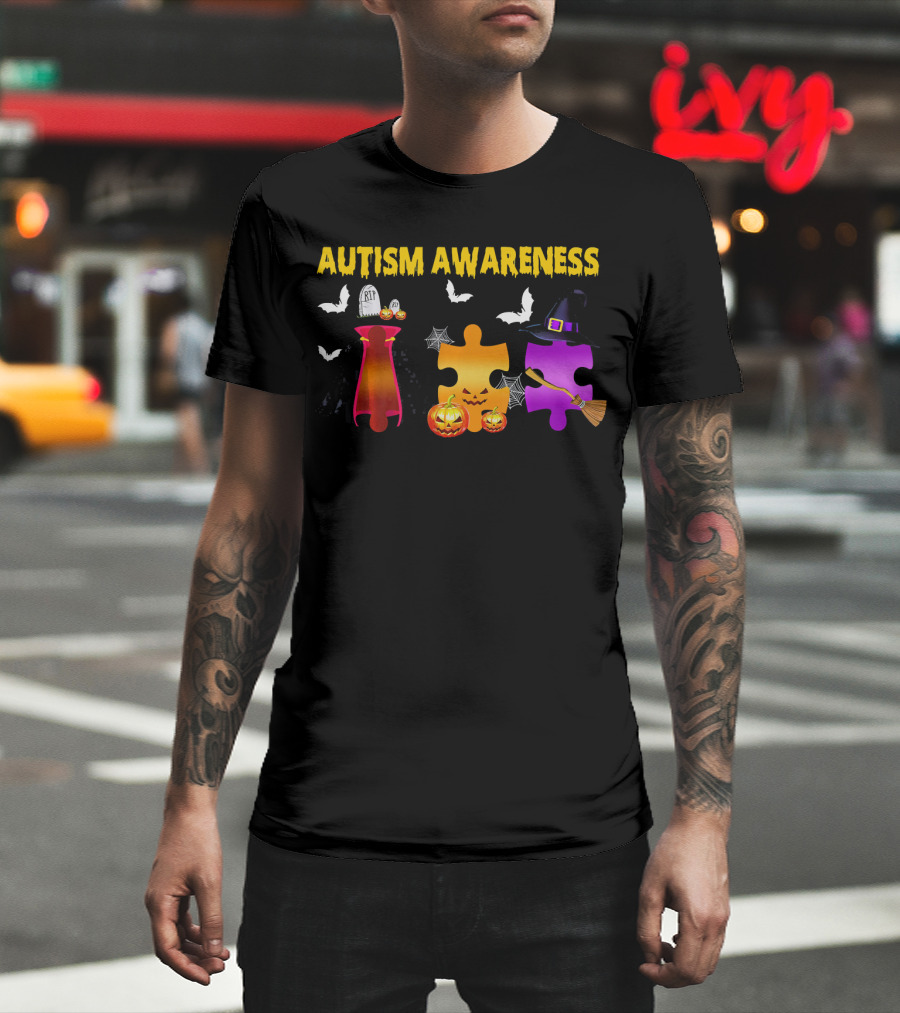 Autism Awareness Halloween Puzzle Pieces With Witch Hat Bats And Pumpkins T-Shirt