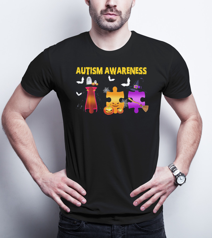 Autism Awareness Halloween Puzzle Pieces With Witch Hat Bats And Pumpkins T-Shirt