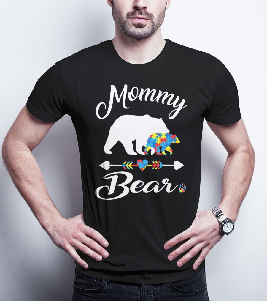Mommy Bear Autism Awareness Puzzle Pattern Heart T-Shirt