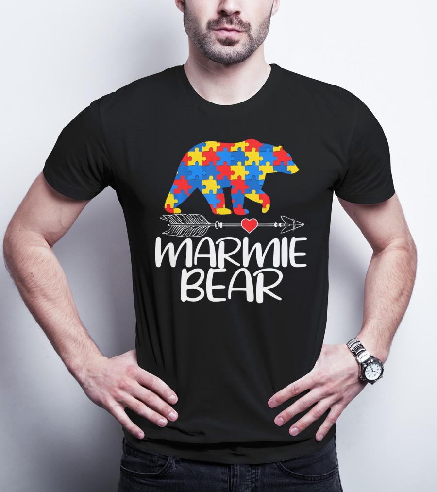 Marmie Bear Autism Awareness Puzzle Heart Arrow T-Shirt