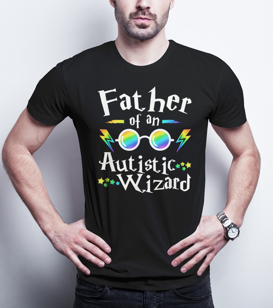 Father Of An Autistic Wizard Colorful Glasses And Lightning Bolts T-Shirt