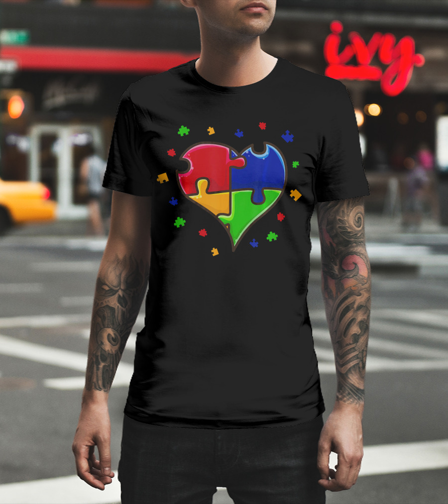 Autism Awareness Month Love Heart Puzzle Pieces T-Shirt