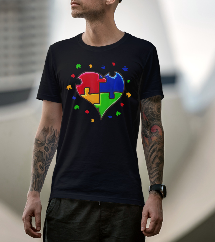Autism Awareness Month Love Heart Puzzle Pieces T-Shirt