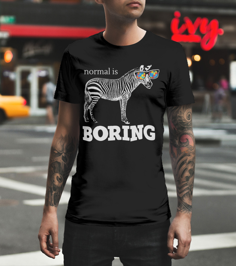 Normal Is Boring Zebra With Puzzle Piece Sunglasses Autism Awareness T-Shirt