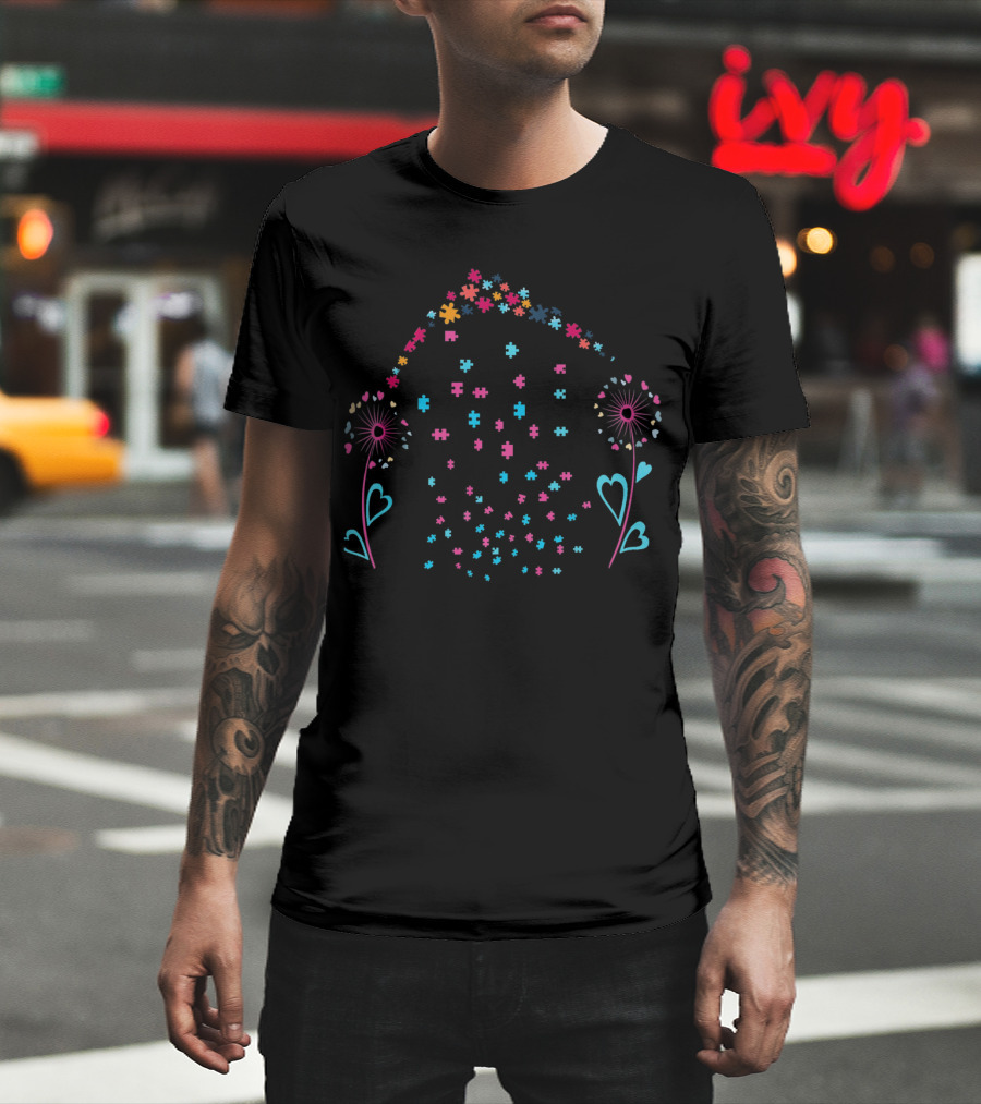 Dandelion Flower Puzzle Pieces Autism Heart T-Shirt