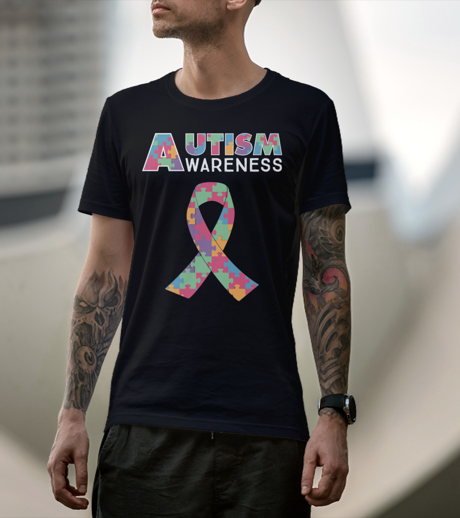 Autism Awareness Puzzle Ribbon And Colored Lettering T-Shirt