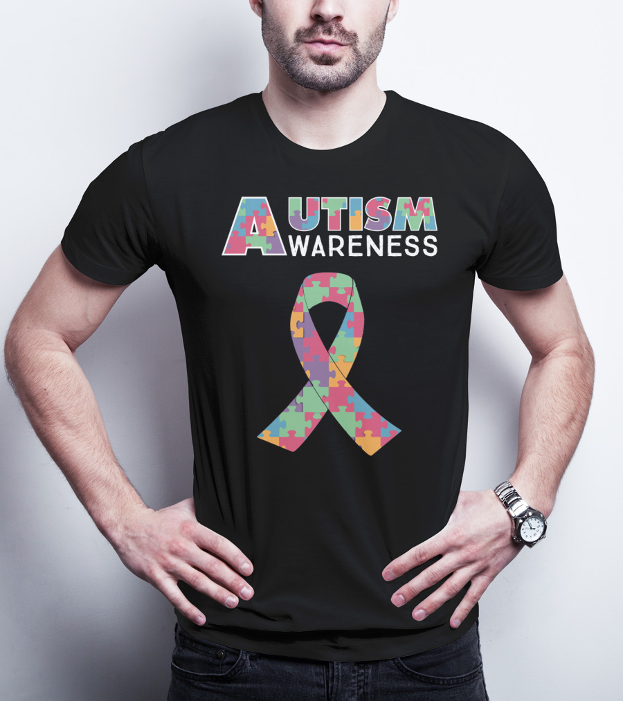 Autism Awareness Puzzle Ribbon And Colored Lettering T-Shirt