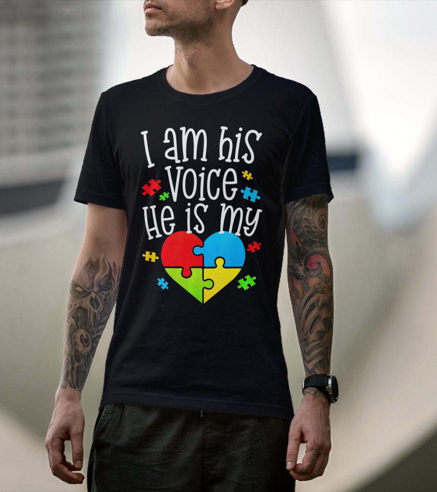 I Am His Voice He Is My Heart Autism Puzzle Pieces T-Shirt