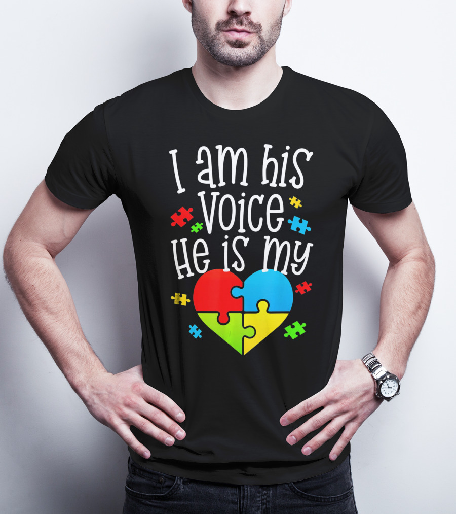 I Am His Voice He Is My Heart Autism Puzzle Pieces T-Shirt