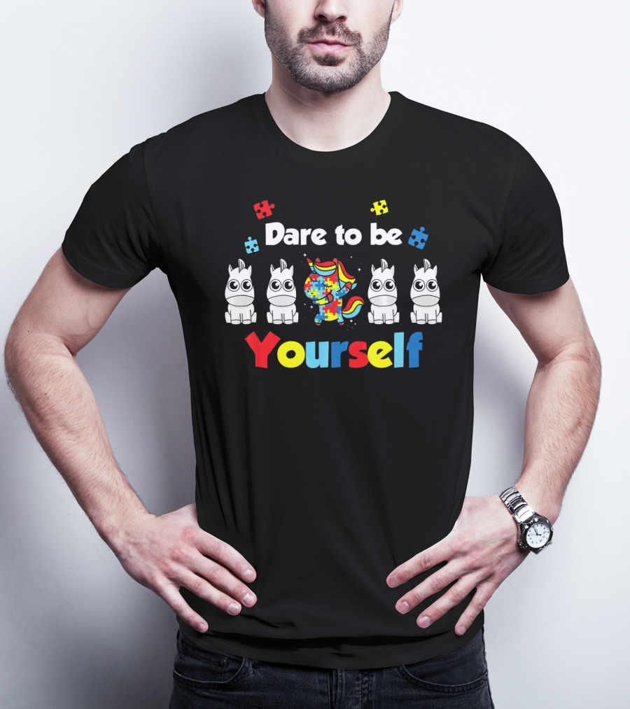 Dare To Be Yourself Unicorn Dabbing Autism Puzzle Pieces T-Shirt
