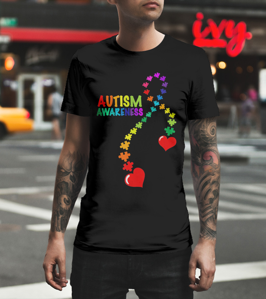 Autism Awareness Puzzle Heart Ribbon Rainbow T-Shirt