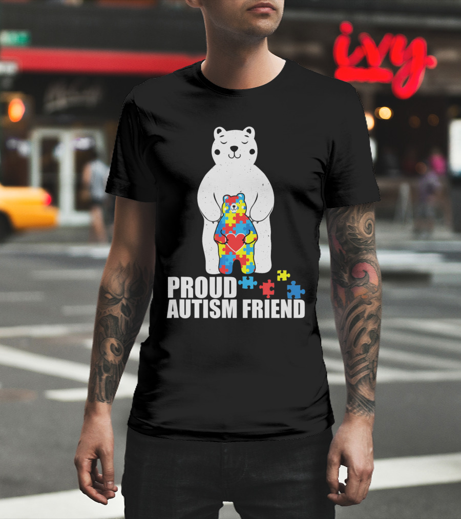 Proud Autism Friend Bear With Colorful Puzzle Pieces T-Shirt