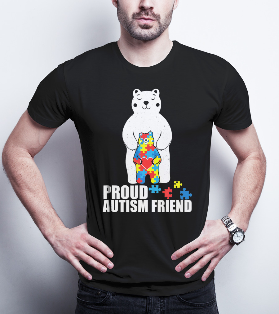 Proud Autism Friend Bear With Colorful Puzzle Pieces T-Shirt
