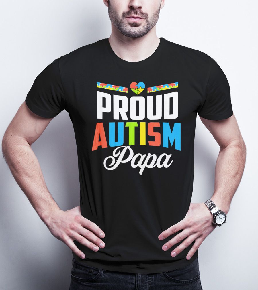 Proud Autism Papa Puzzle Heart Awareness Support T-Shirt