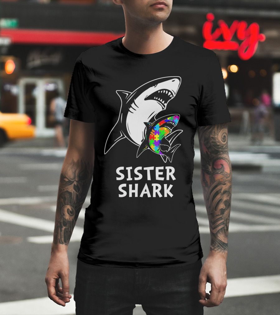 Sister Shark Autism Awareness Puzzle T-Shirt