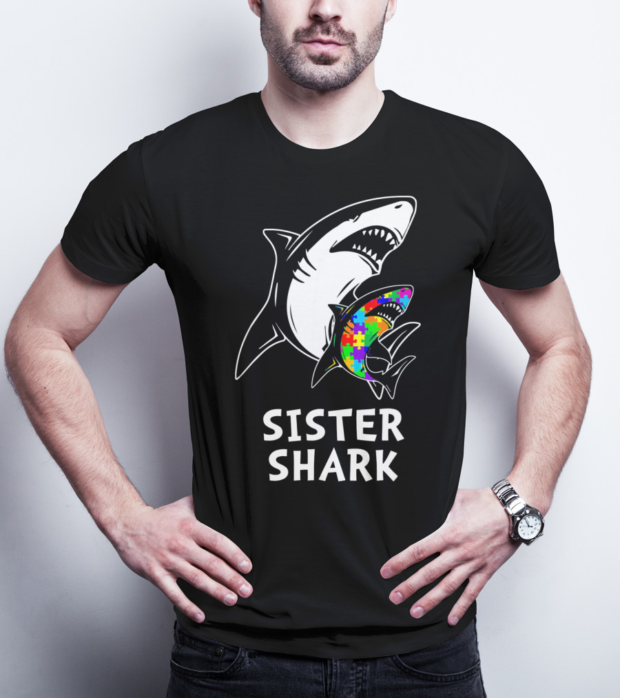 Sister Shark Autism Awareness Puzzle T-Shirt