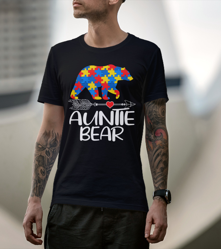 Autism Awareness Auntie Bear Puzzle Heart Arrow T-Shirt