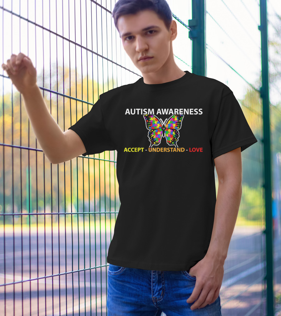 AUTISM AWARENESS Accept Understand Love Colorful Puzzle Piece Butterfly T-Shirt