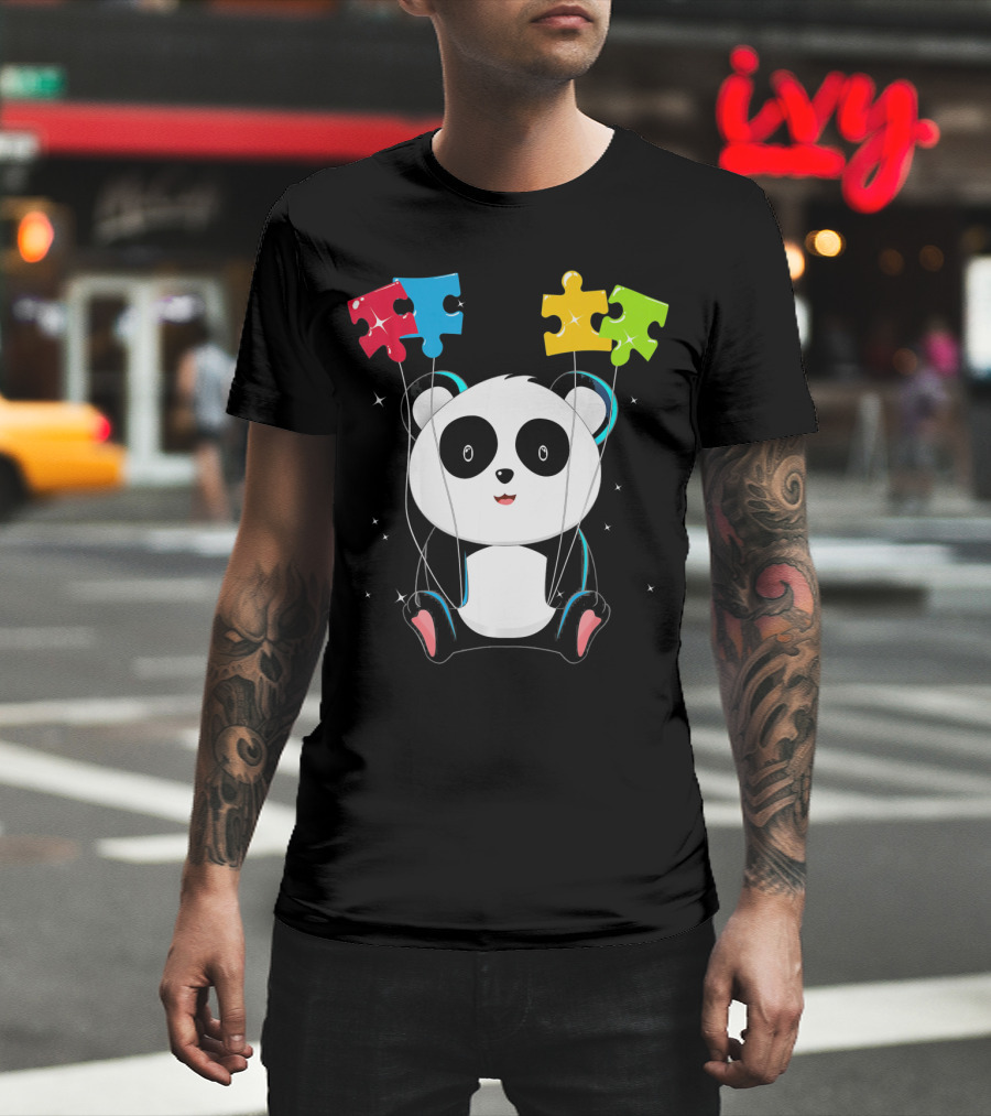 Autism Awareness Cute Panda With Colorful Puzzle Balloons T-Shirt