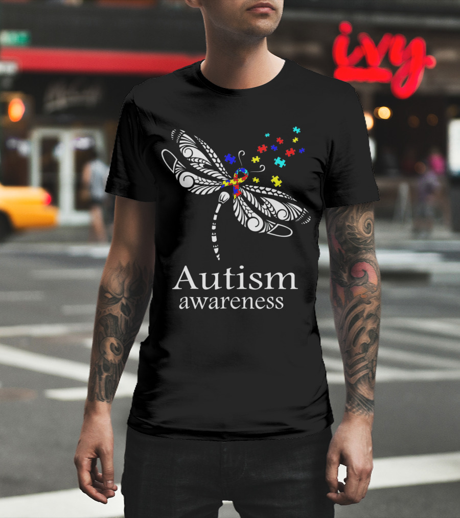 Autism Awareness Dragonfly Puzzle Pieces Symbolizing Support T-Shirt