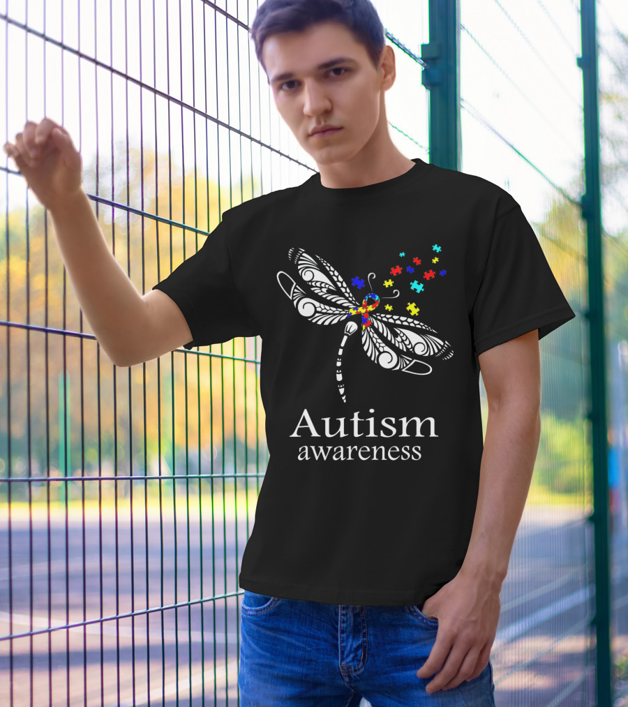 Autism Awareness Dragonfly Puzzle Pieces Symbolizing Support T-Shirt