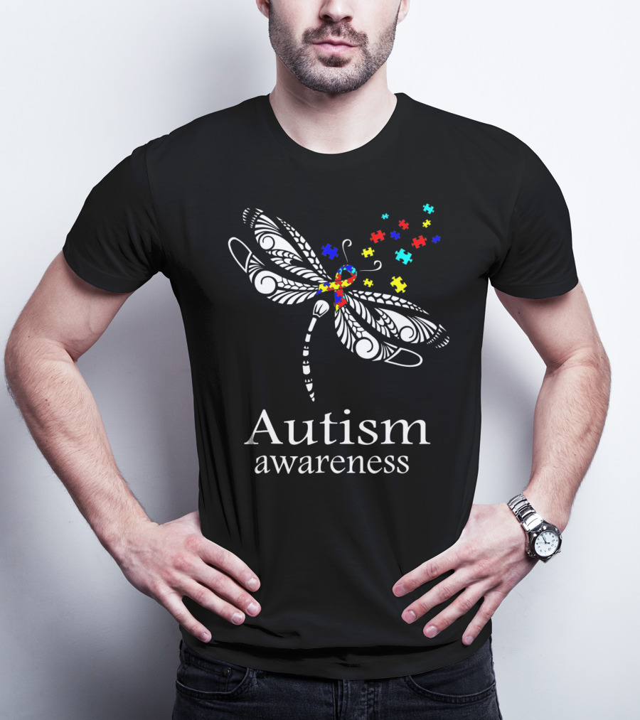 Autism Awareness Dragonfly Puzzle Pieces Symbolizing Support T-Shirt
