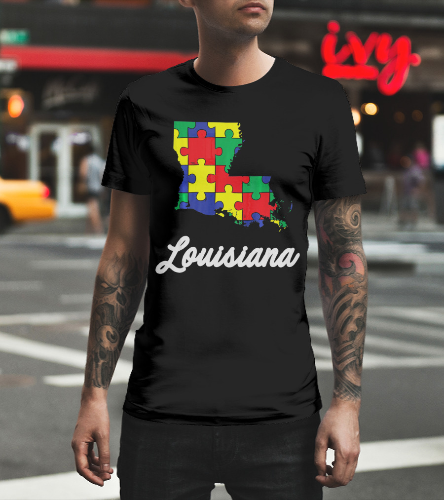 Autism Awareness Puzzle Map Louisiana T-Shirt