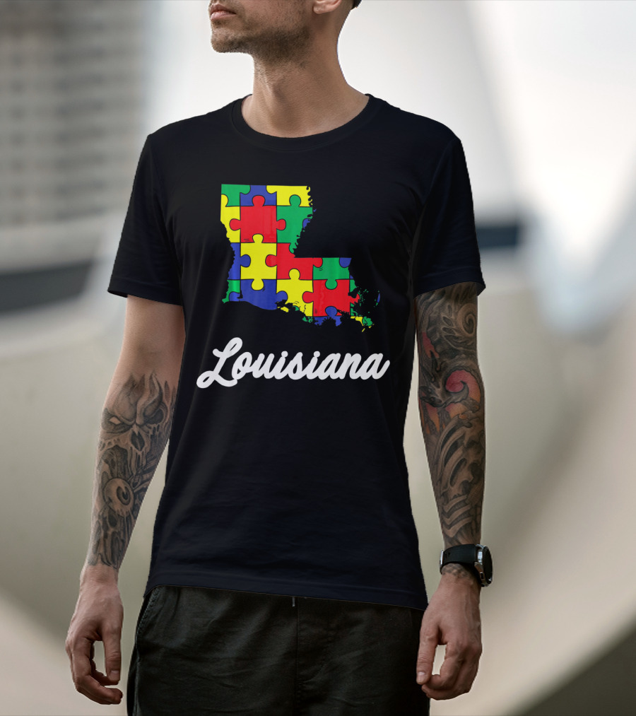 Autism Awareness Puzzle Map Louisiana T-Shirt