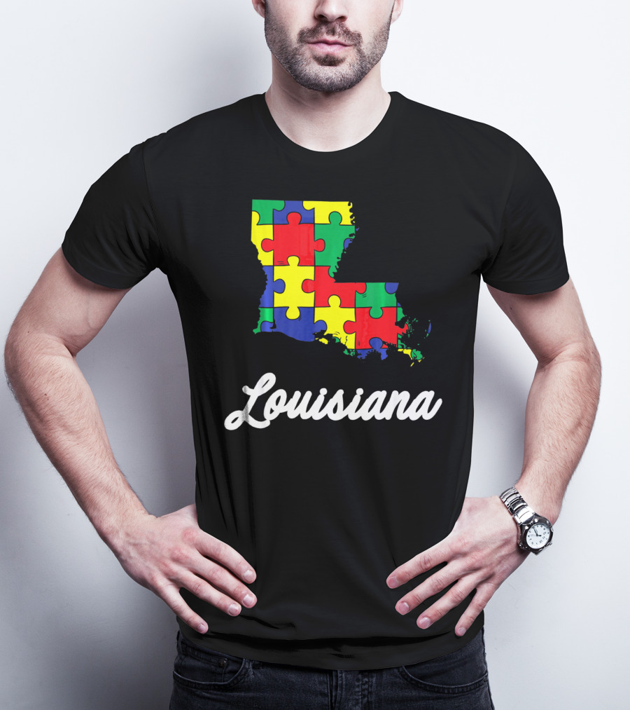Autism Awareness Puzzle Map Louisiana T-Shirt