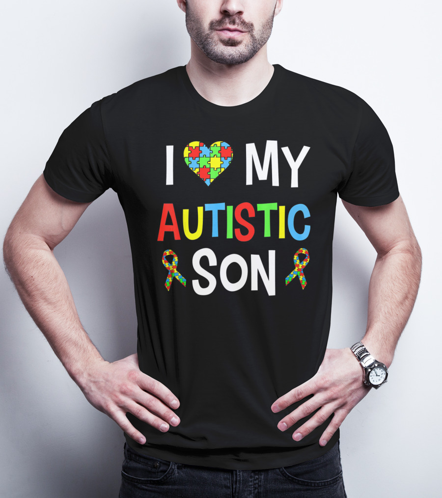 I Love My Autistic Son With Puzzle Heart And Autism Awareness Ribbons T-Shirt