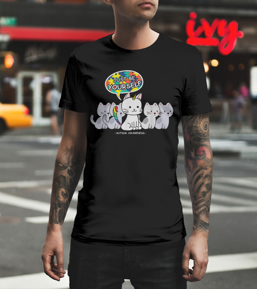 Autism Awareness Just Be Yourself Cat Unicorn With Puzzle T-Shirt
