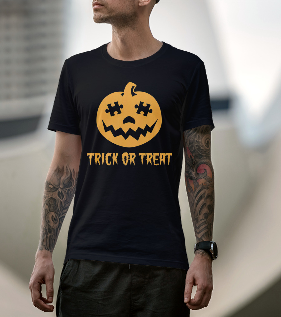 Trick Or Treat Halloween Autism Awareness Pumpkin Puzzle T-Shirt