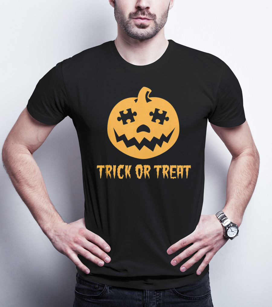 Trick Or Treat Halloween Autism Awareness Pumpkin Puzzle T-Shirt