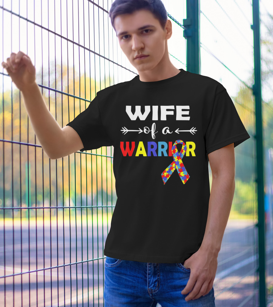 Wife Of A Warrior Autism Awareness Ribbon Puzzle T-Shirt