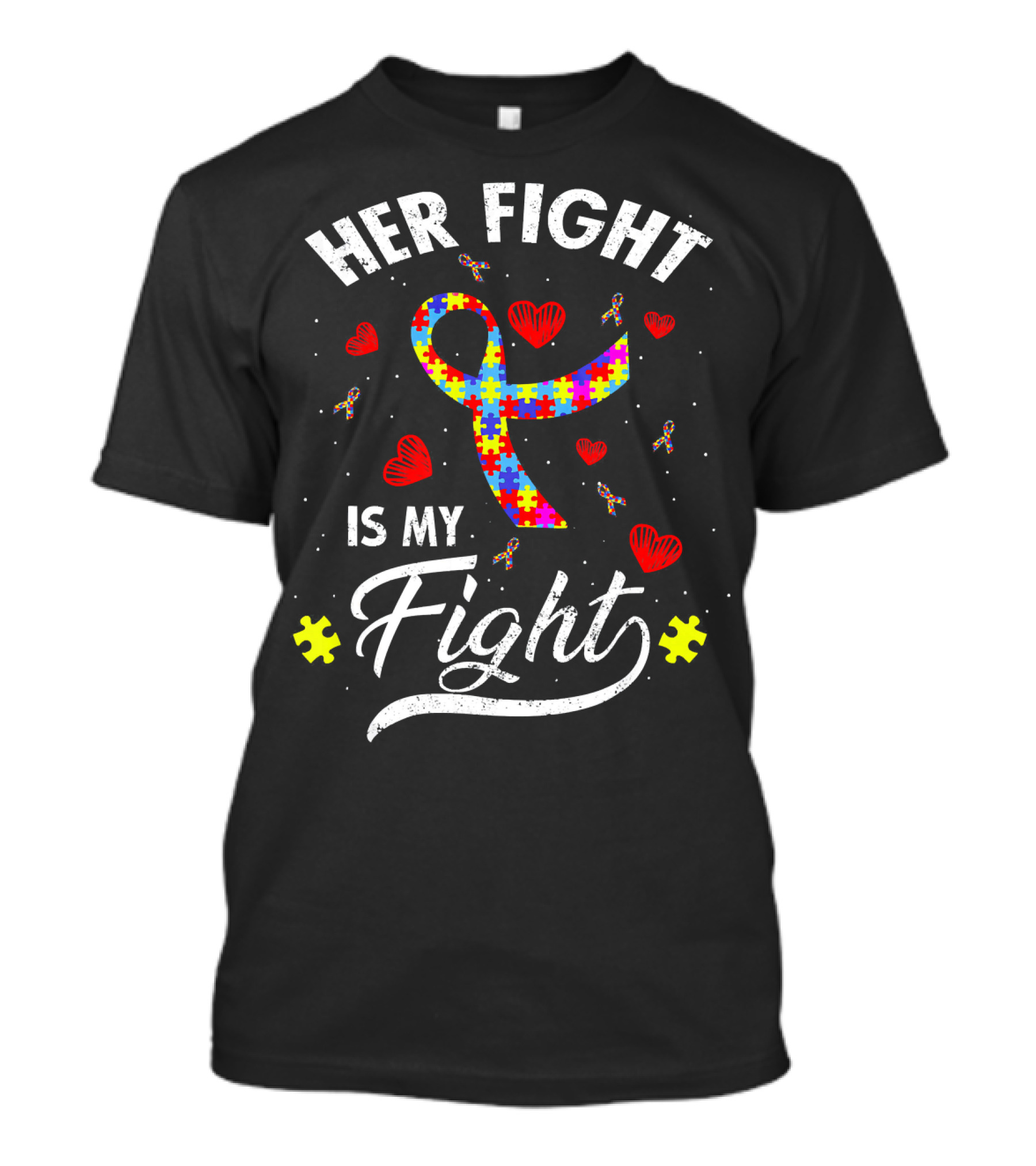 Her Fight Is My Fight Puzzle Ribbon Hearts Autism Awareness T-Shirt