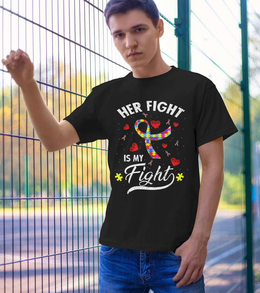Her Fight Is My Fight Puzzle Ribbon Hearts Autism Awareness T-Shirt