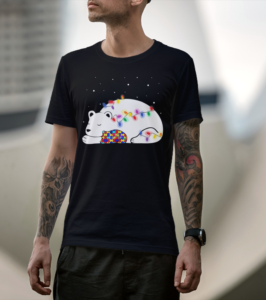Autism Awareness Mama Bear Christmas Lights Puzzle T-Shirt
