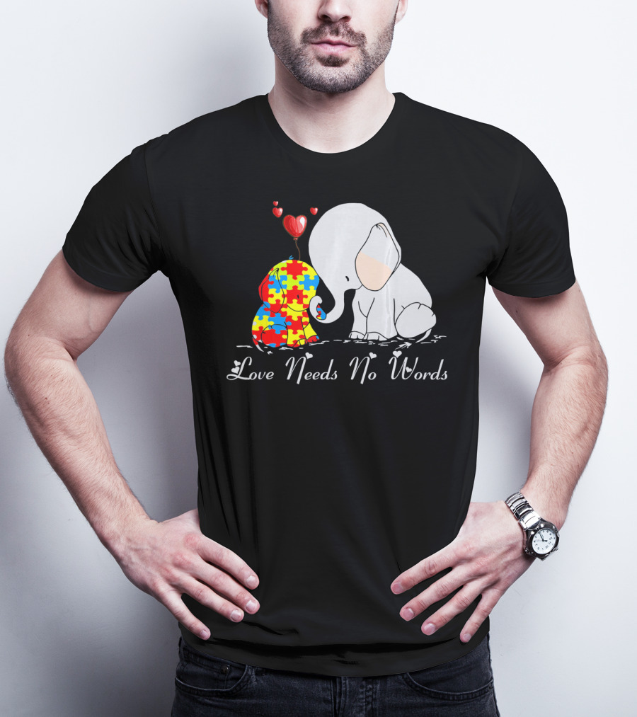 Love Needs No Words Autism Awareness Elephant Puzzle Hearts T-Shirt